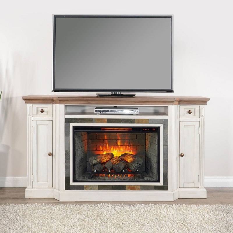 Marble White TV Console w Fireplace