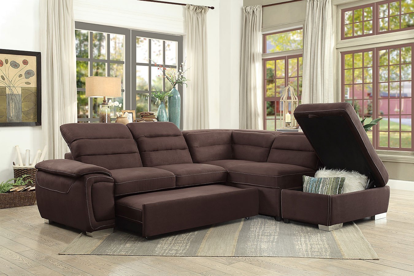 Homelegance Platina Sectional with Pull Out Bed and Storage Ottoman Chocolate 8277CH