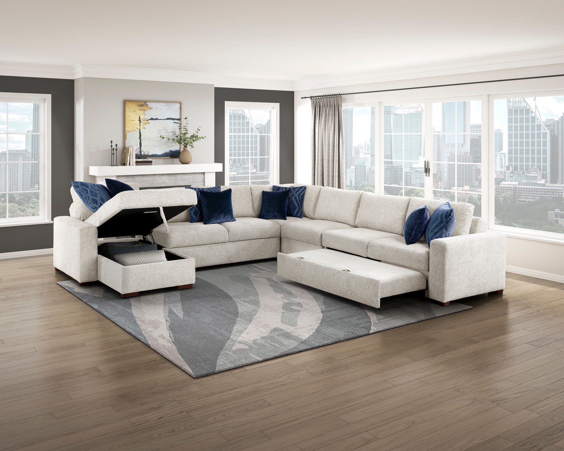 Isla Beige 5-Piece Sectional W/ Reversible Chaise And Pull-Out Bed ...