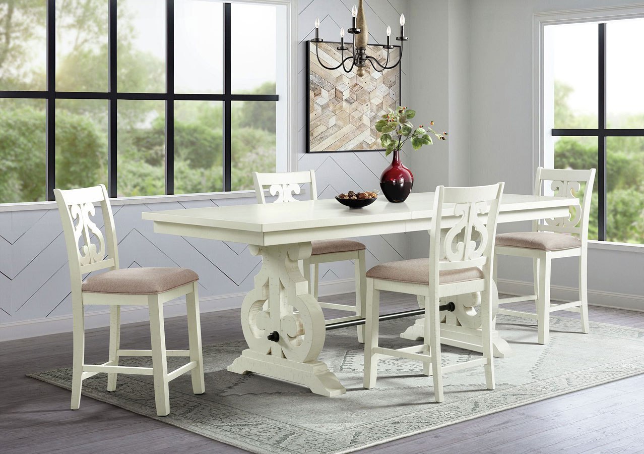 Stone Counter Height Dining Room Set W/ Swirl Back Chairs (White ...