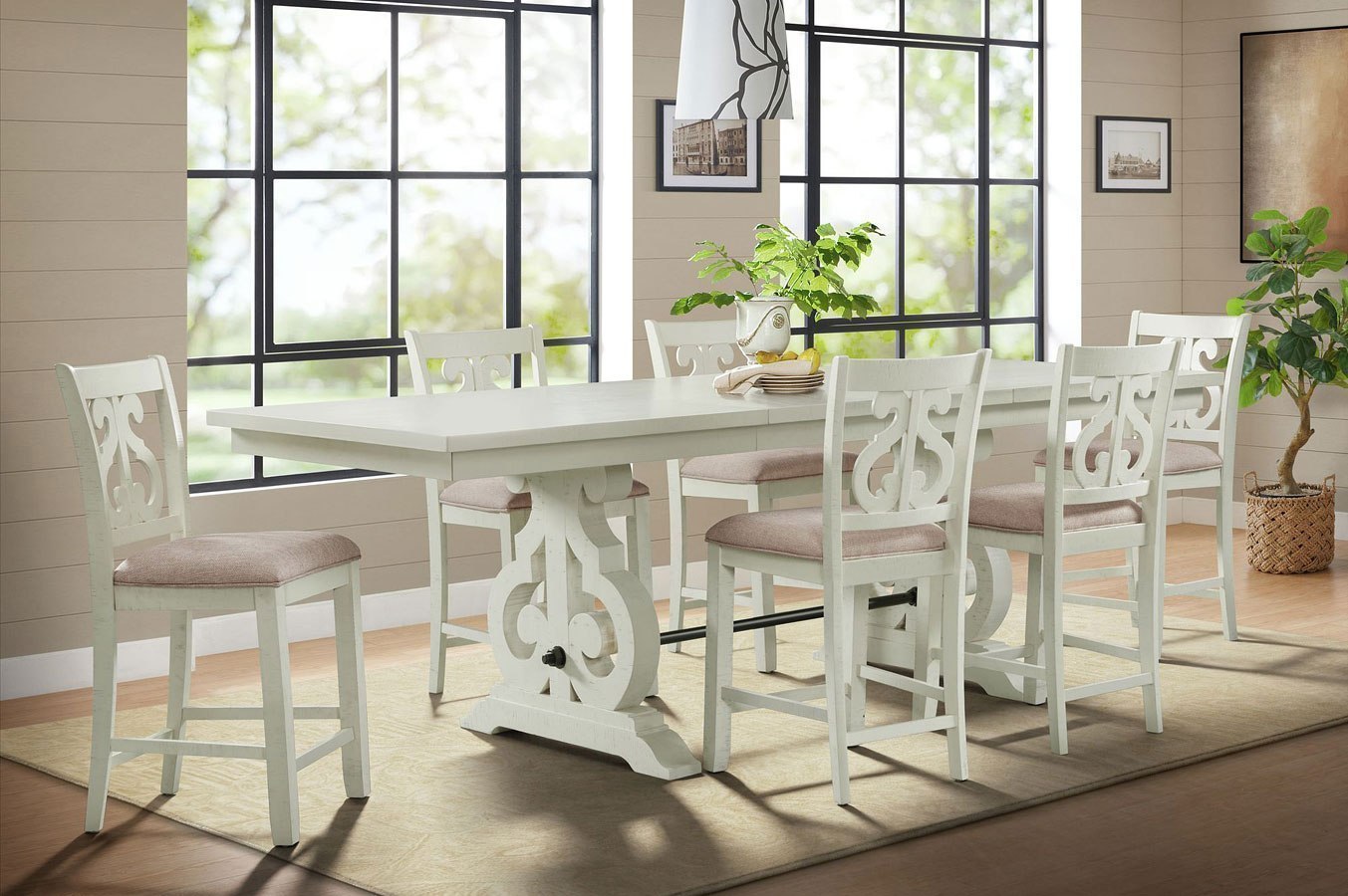 Stone Counter Height Dining Room Set W/ Swirl Back Chairs (White ...