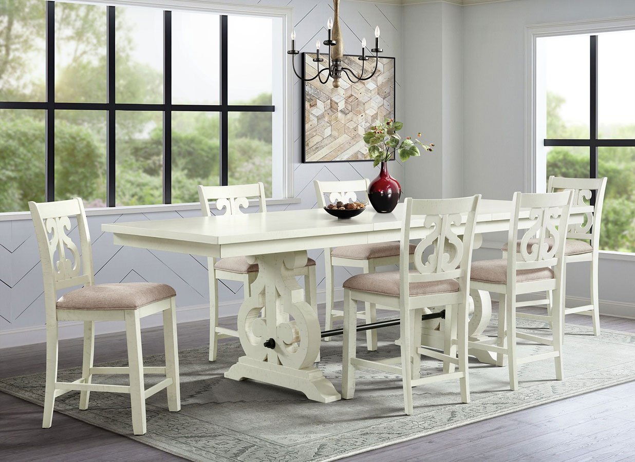 Stone Counter Height Dining Room Set W/ Swirl Back Chairs (White ...