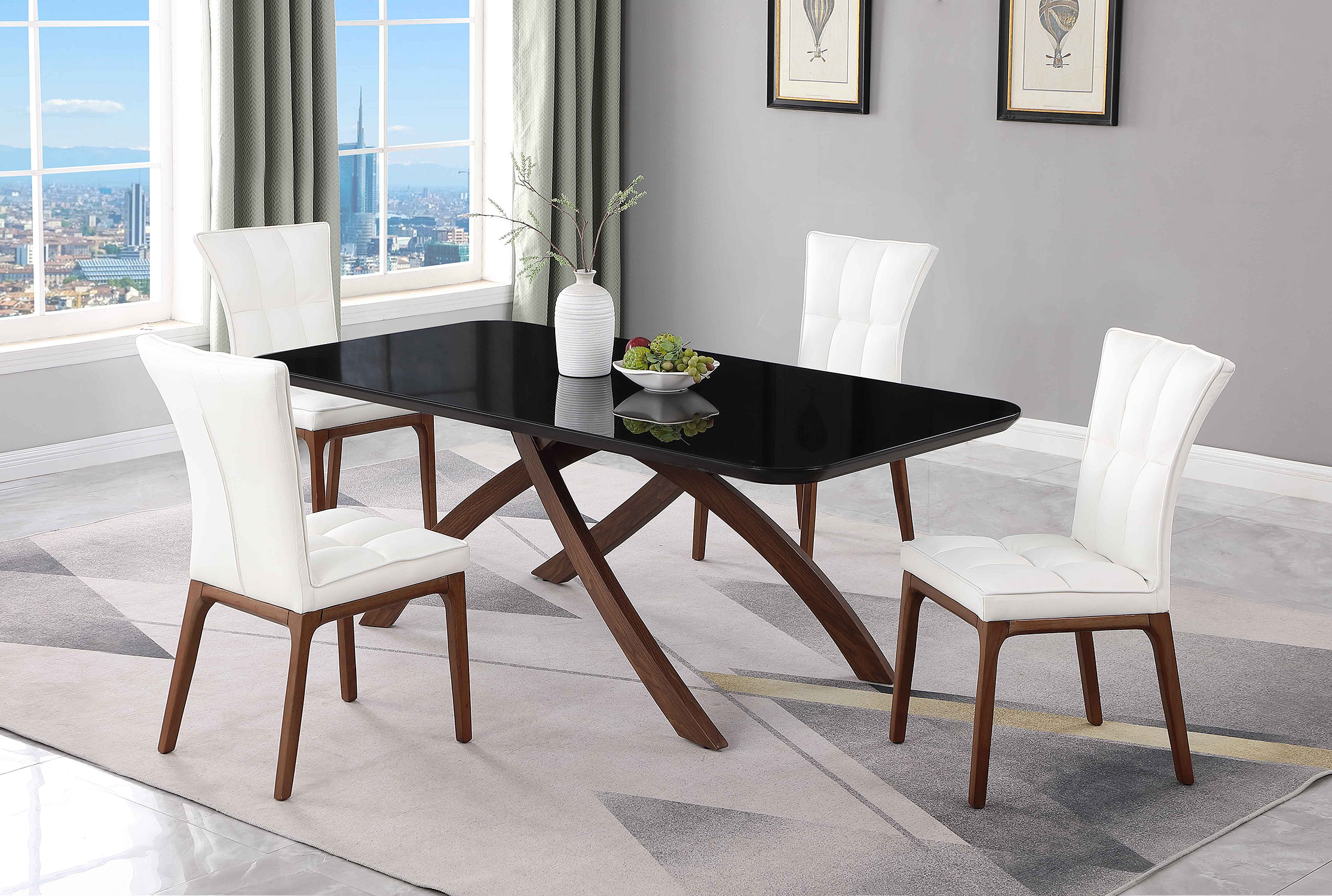 Emily Dining Room Set W/ Black Glass Table And White Chairs Chintaly ...