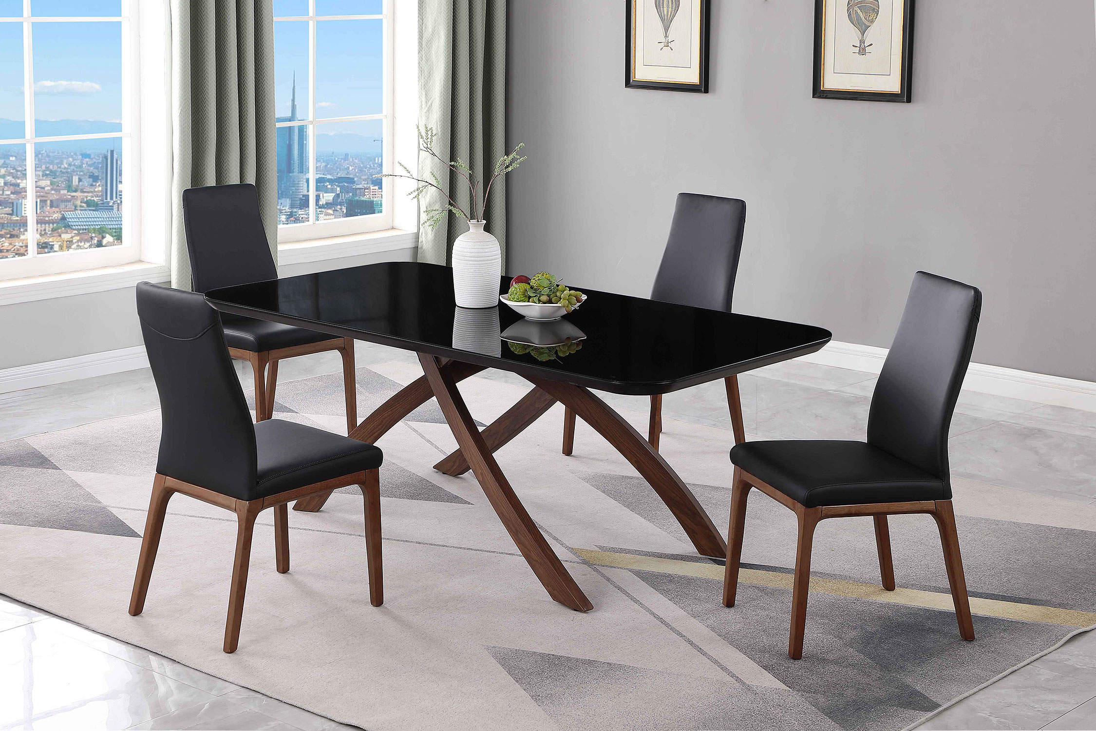 Emily Dining Room Set W/ Black Glass Table And Solid Wood Chairs ...