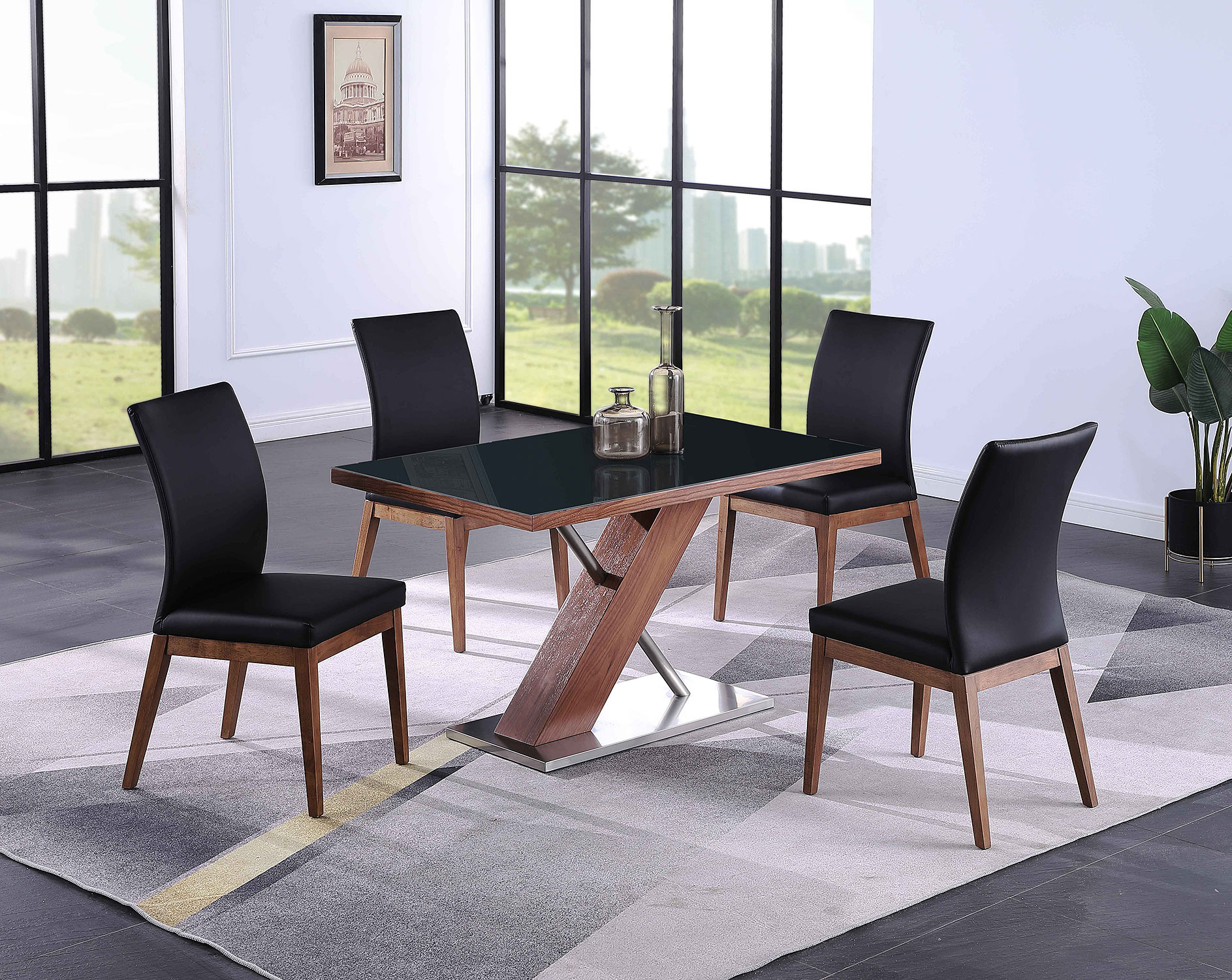 Emma Dining Room Set W/ Wooden And Black Glass Table Chintaly Imports ...