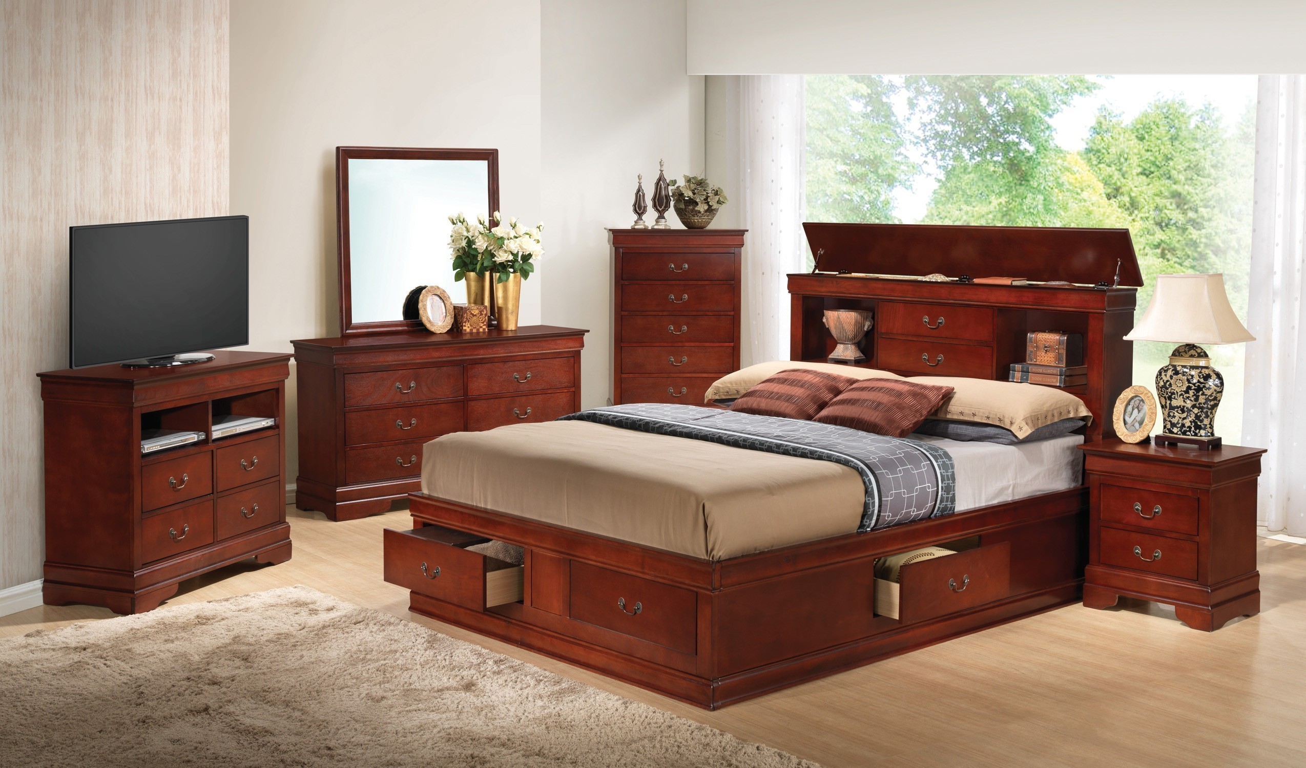 Louis Phillipe Cherry Bookcase Storage Bedroom Set Glory Furniture ...