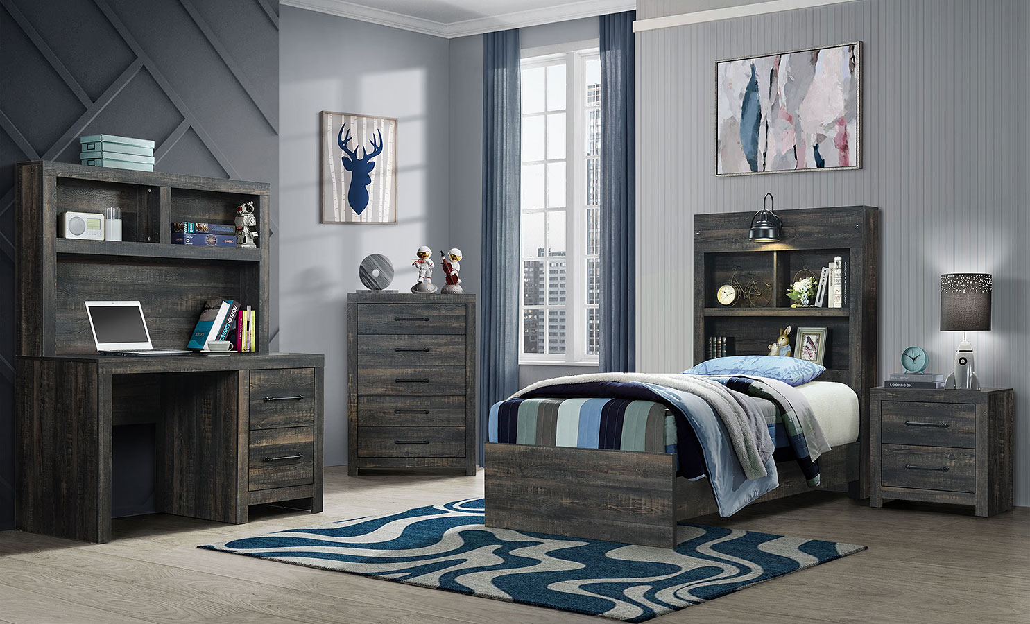 Linwood Dark Oak Bookcase Bedroom Set Global Furniture | Furniture Cart