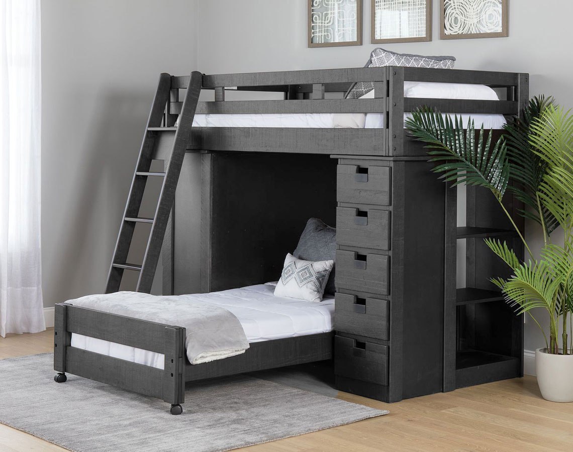 Vista Grey Twin over Twin Super Loft Bed w Desk and Bookcase