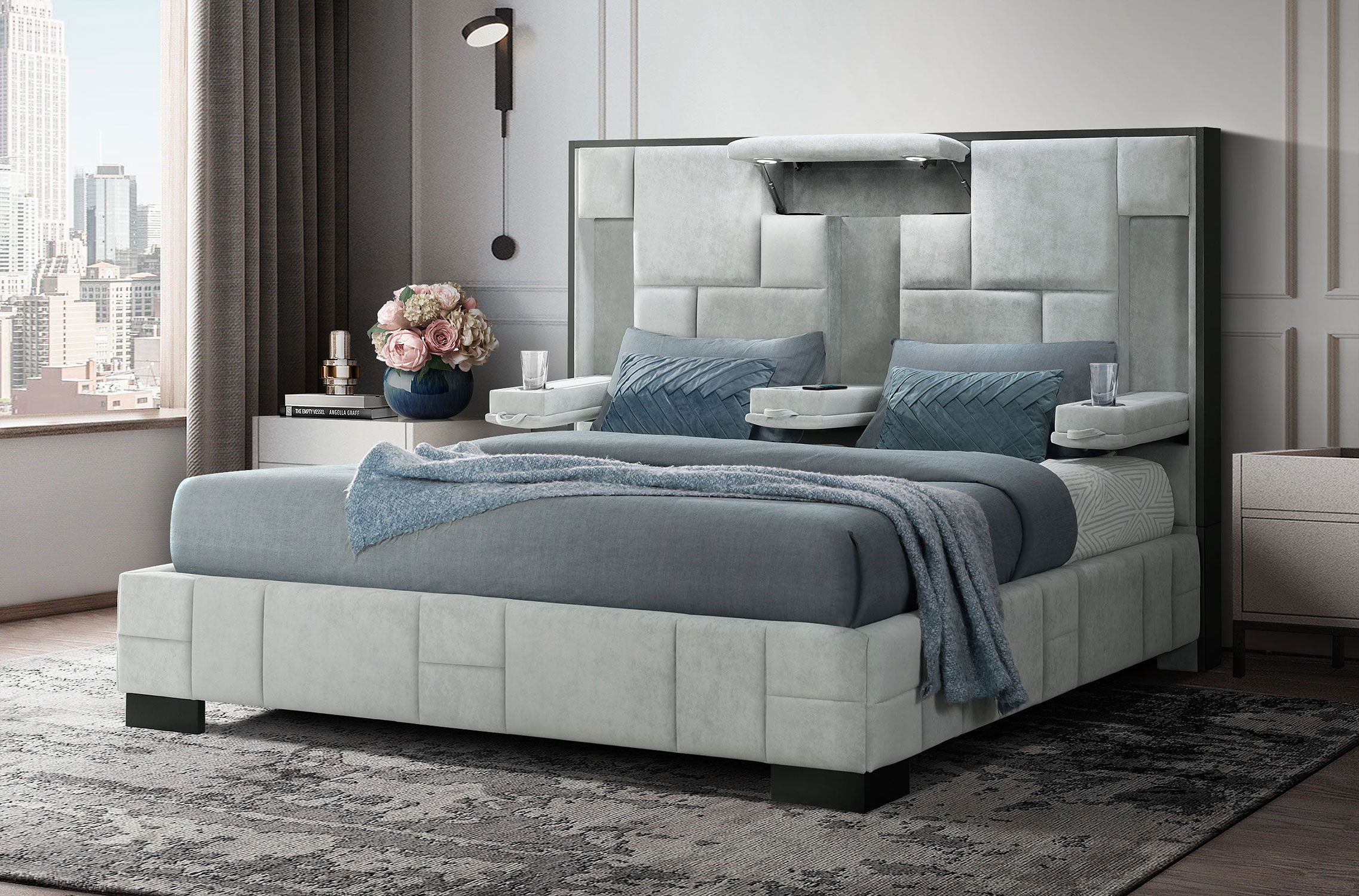 Oscar Grey Upholstered Bed W/ Wood Trim Global Furniture, 1 Reviews ...