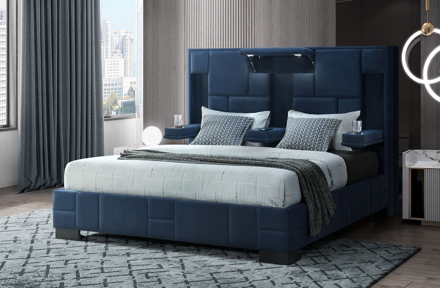 Oscar Navy Upholstered Blue Bed Global Furniture | Furniture Cart