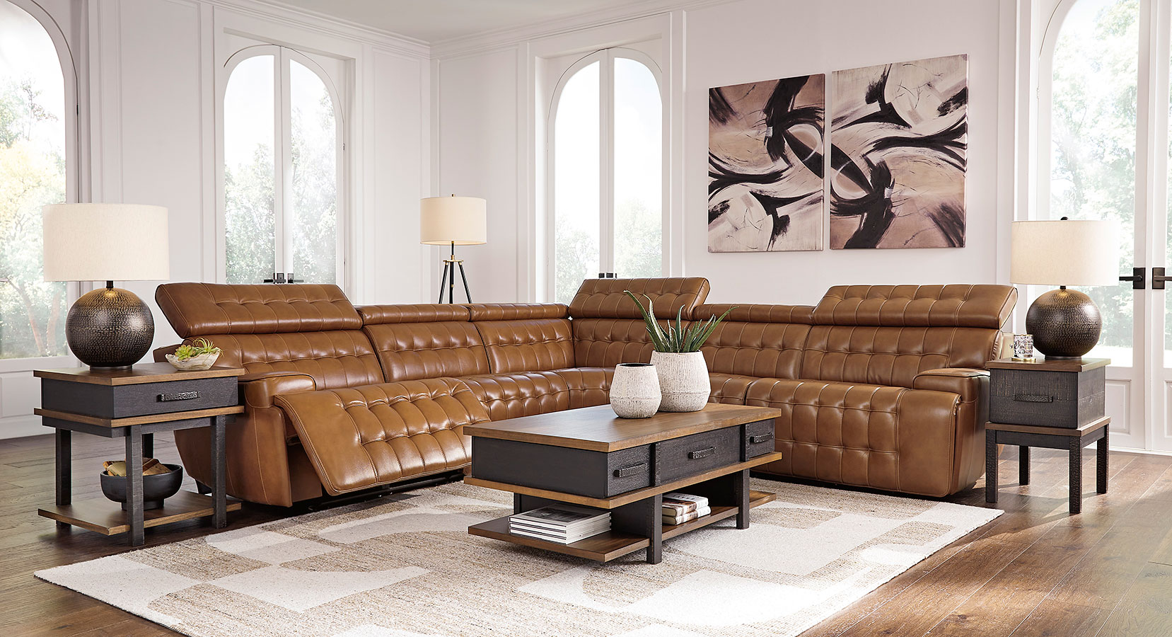 Caramel leather reclining sectional store