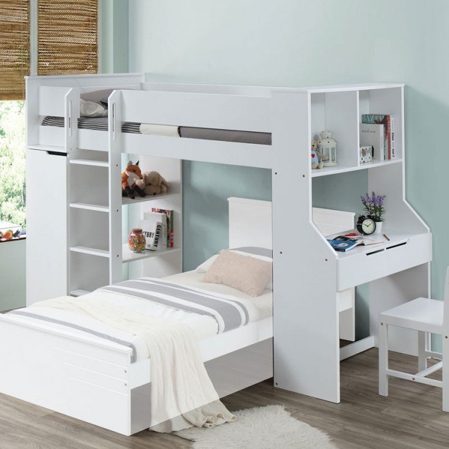 Wooden Twin Size Loft Bunk Bed with Workstation and Ladder White